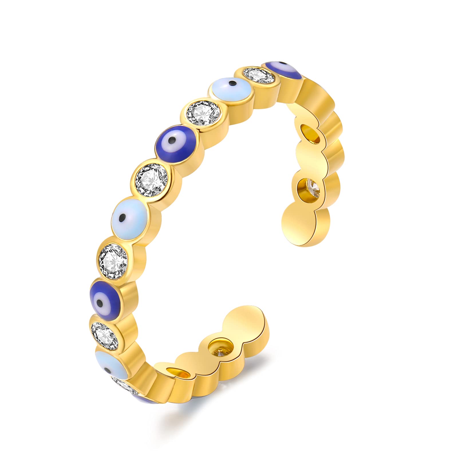 HUASAI Evil Eye Ring for Women Gold Third Eye Ring Vintage Turkish Blue Eye Ring Open Adjustable Rhinestone Ojo Ring for Protection Trendy Beads Evil Eye Ring(Gold)