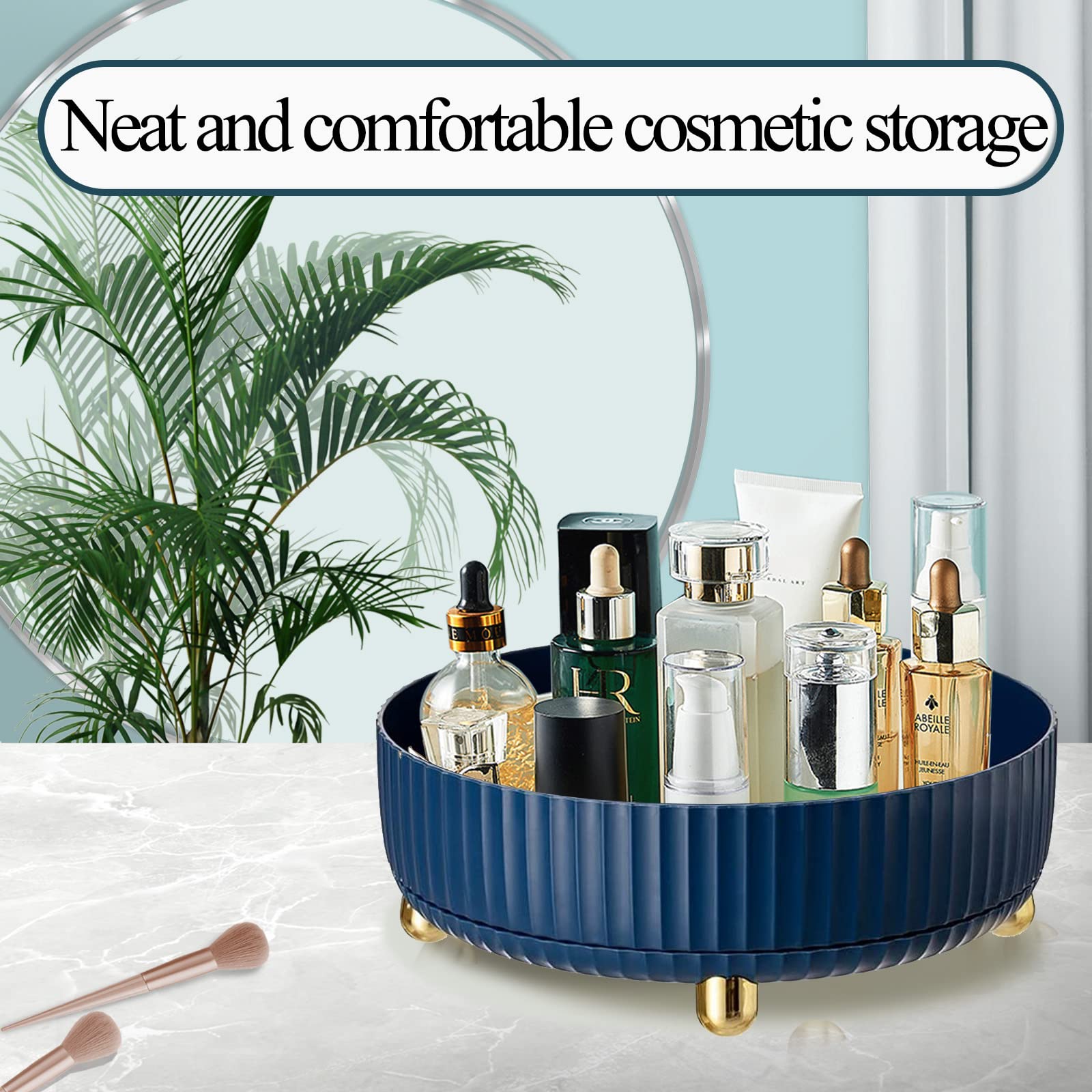 KEJONE 11" Blue Lazy Susan, 2.4" Striped Fence Rotating Storage Rack, Turntable for Cabinet, 360 Rotating Makeup Organizer, Bathroom Turntable Organizer, Perfume Tray with Gold Plated 4 Legs
