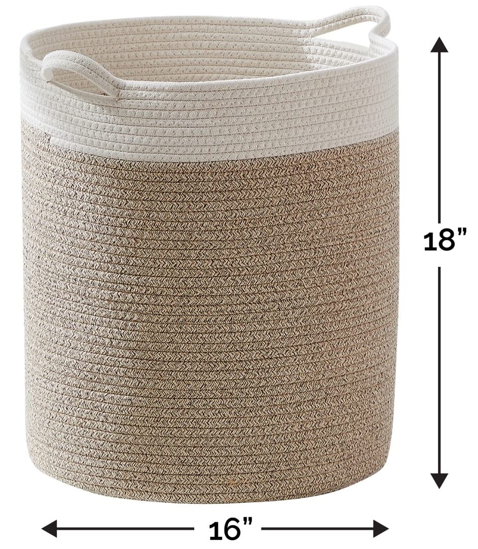 Organizix Large Cotton Rope Laundry Hamper Woven Basket with Handles, Storage Basket for Toys, Blanket, Throws, Pillows and Towels - 18 x 16, White/Beige