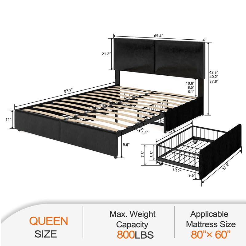 Yegee Queen Bed Frame with Storage Drawers, Leather Upholstered Bed Frame Platform with Headboard, Wood Slats Support Bed Frame, Easy Assembly, Noise Free, No Box Spring Needed, Dark Brown