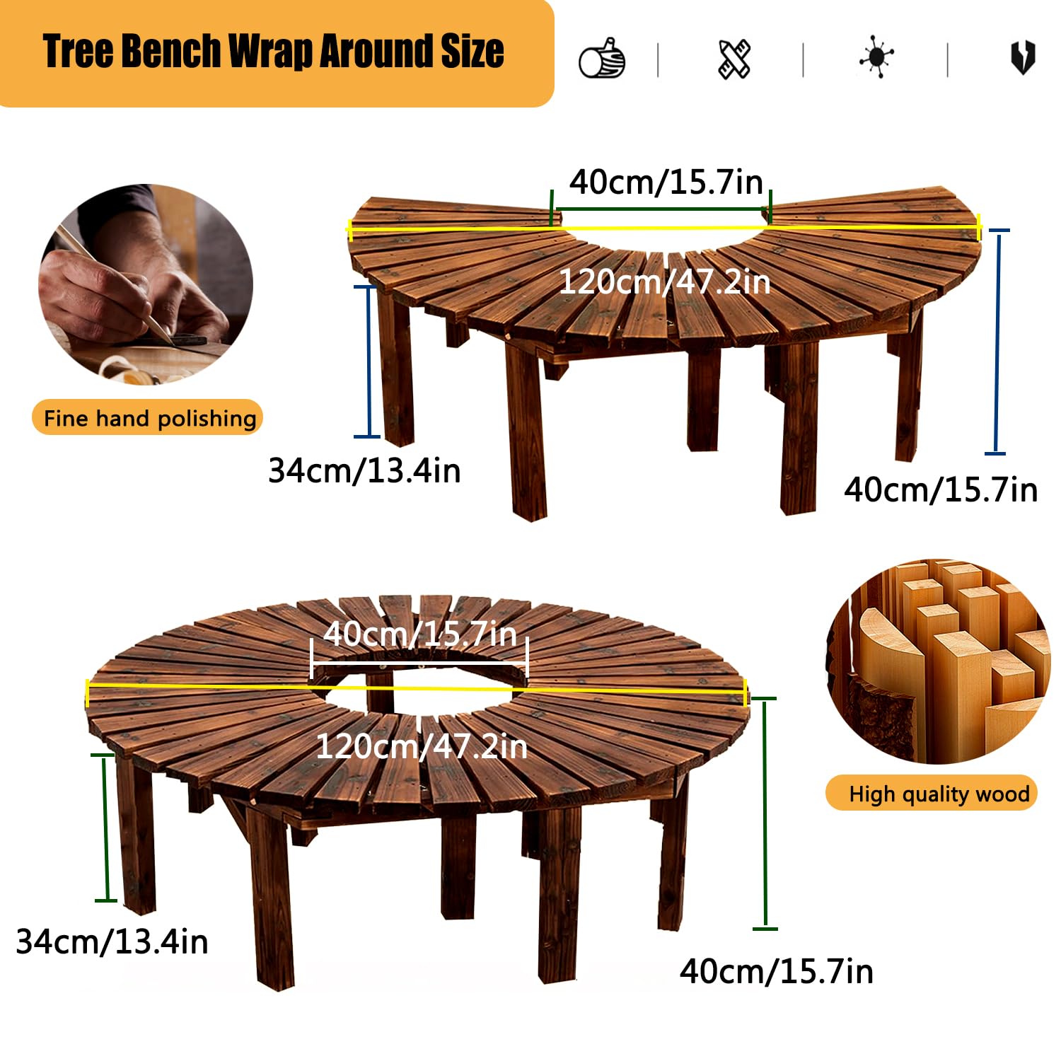 Tree Bench Wrap Around, Outdoor Surround Backless Curved Bench, Wooden Semi Circle Benches for Garden, Balcony, Poolside, Front Porch, Courtyard, Park (2pcs)