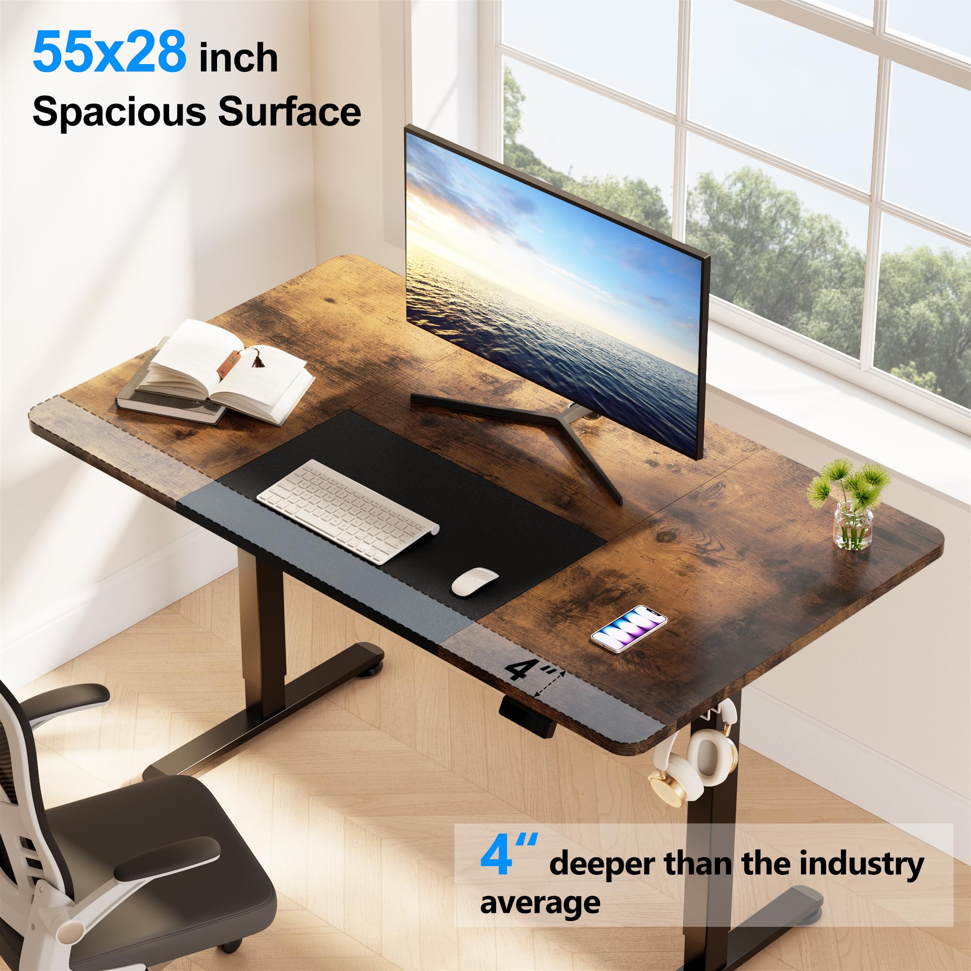 WOKA Electric Height Adjustable Electric Standing Desk, 55 x 28 Inch Sit Stand Desk with Memory Controllers, Stand up Desk for Home Office, Rustic Brown and Black Tabletop