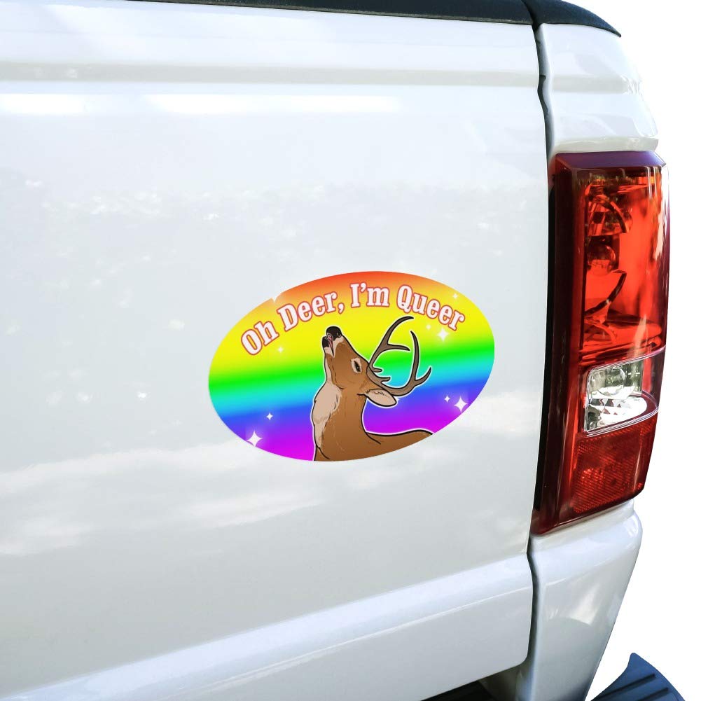 Oh Deer I'm Queer Rainbow Pride Gay Lesbian Funny Automotive Car Refrigerator Locker Vinyl Euro Oval Magnet