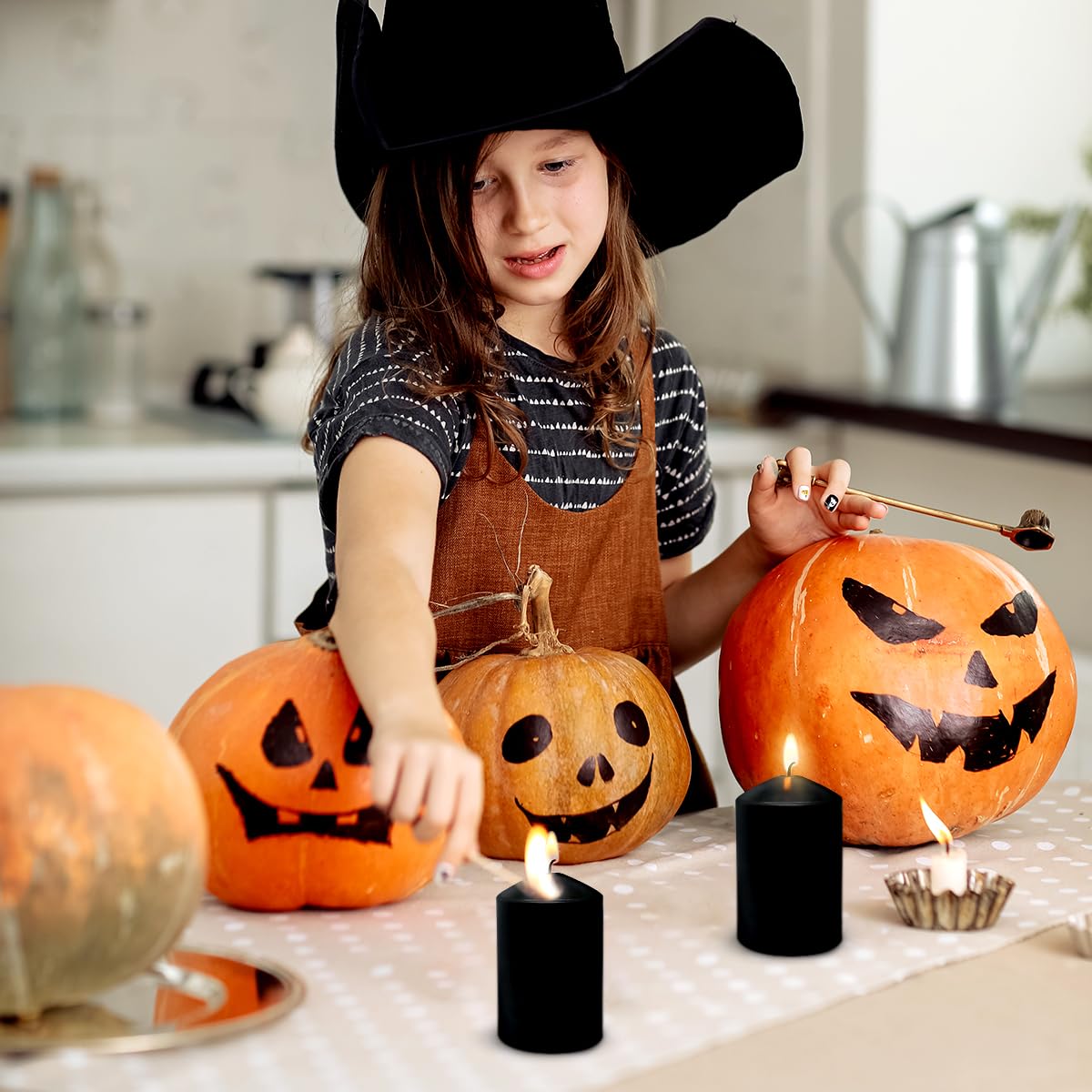Unscented Black Pillar Candles, Small 2x3 Inch Dripless Tapered Column Halloween Solid Colored Candles for Home Party Holiday, 24 Hour Burn Time, Set of 8