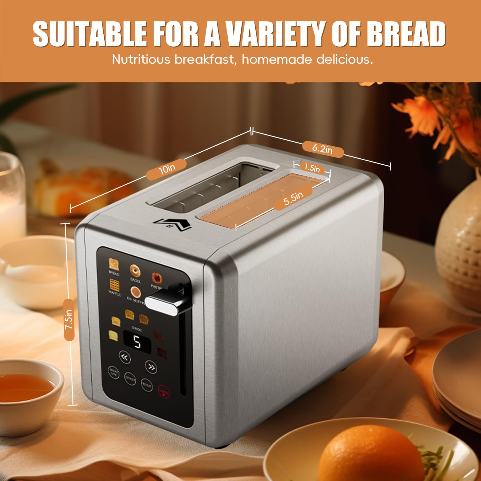 WUNLY Touch screen Toaster slice, Stainless Steel Digital Timer Toaster with Sound Function, 6 Bread Types & 6 Shade Settings, Smart Extra Wide Slots Toaster with Bagel, Defrost Functions