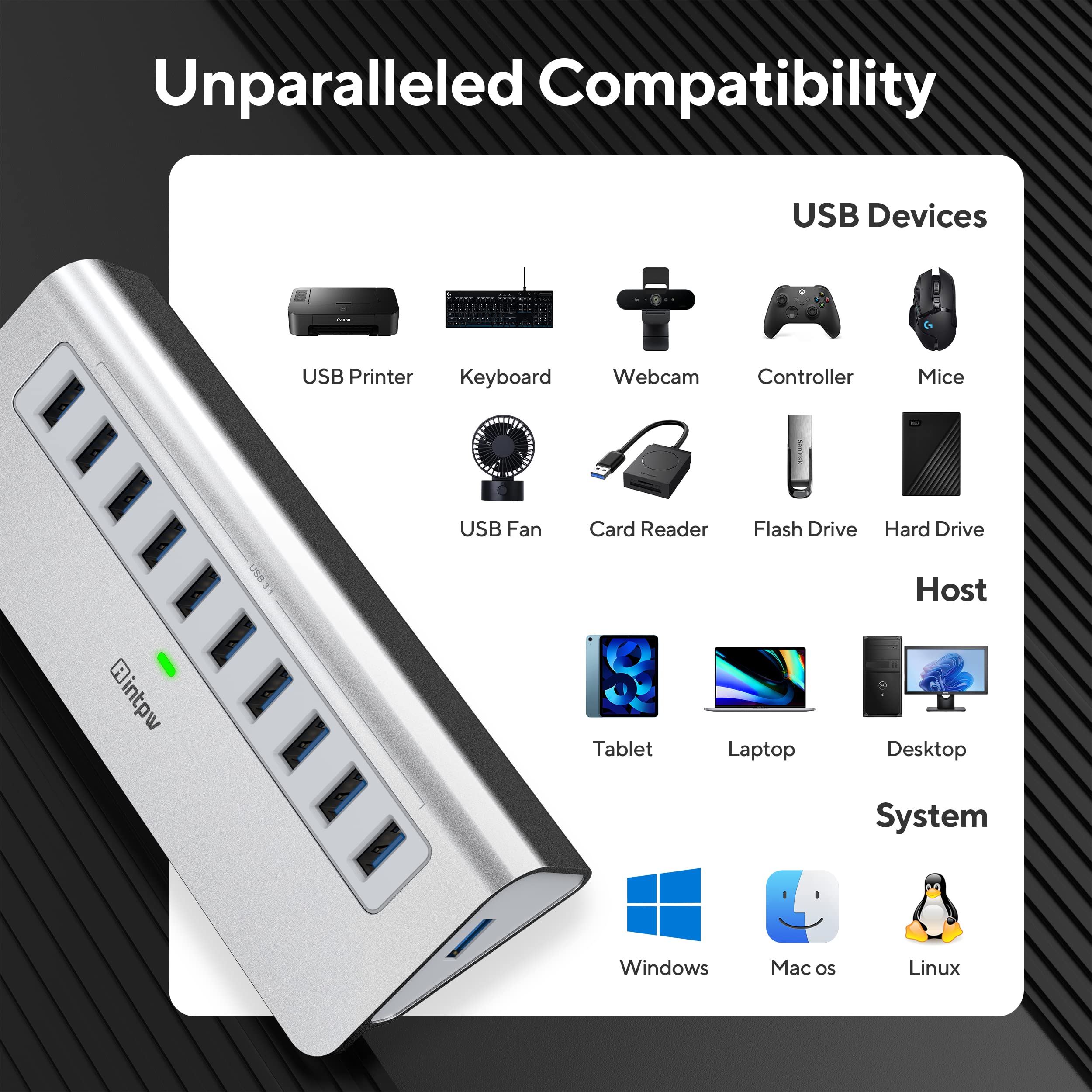 Powered USB Hub, intpw 10 Port USB 3.1 Hub with 10Gbps Data Transfer, 30W(12V/2.5A) Power Adapter, USB Type A and Type C Cable, Aluminum USB Power Hub for Laptop, MacBook and Desktop Computer