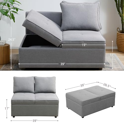 UOCFYK Convertible Ottoman Sofa with Storage, Modern Sackcloth Futon Couch with 2 Pillows Adjustable Backrest, Recliner Folding Loveseat for Living Room, Apartment Dorm, Office,Grey