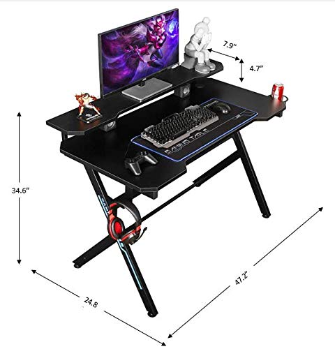 JJS 48" Home Office Gaming Computer Desk with Removable Monitor Stand, R Shaped Large Gamer Workstation PC Table with Cup Holder Headphone Hook Speaker Storage Free Mouse pad, Black