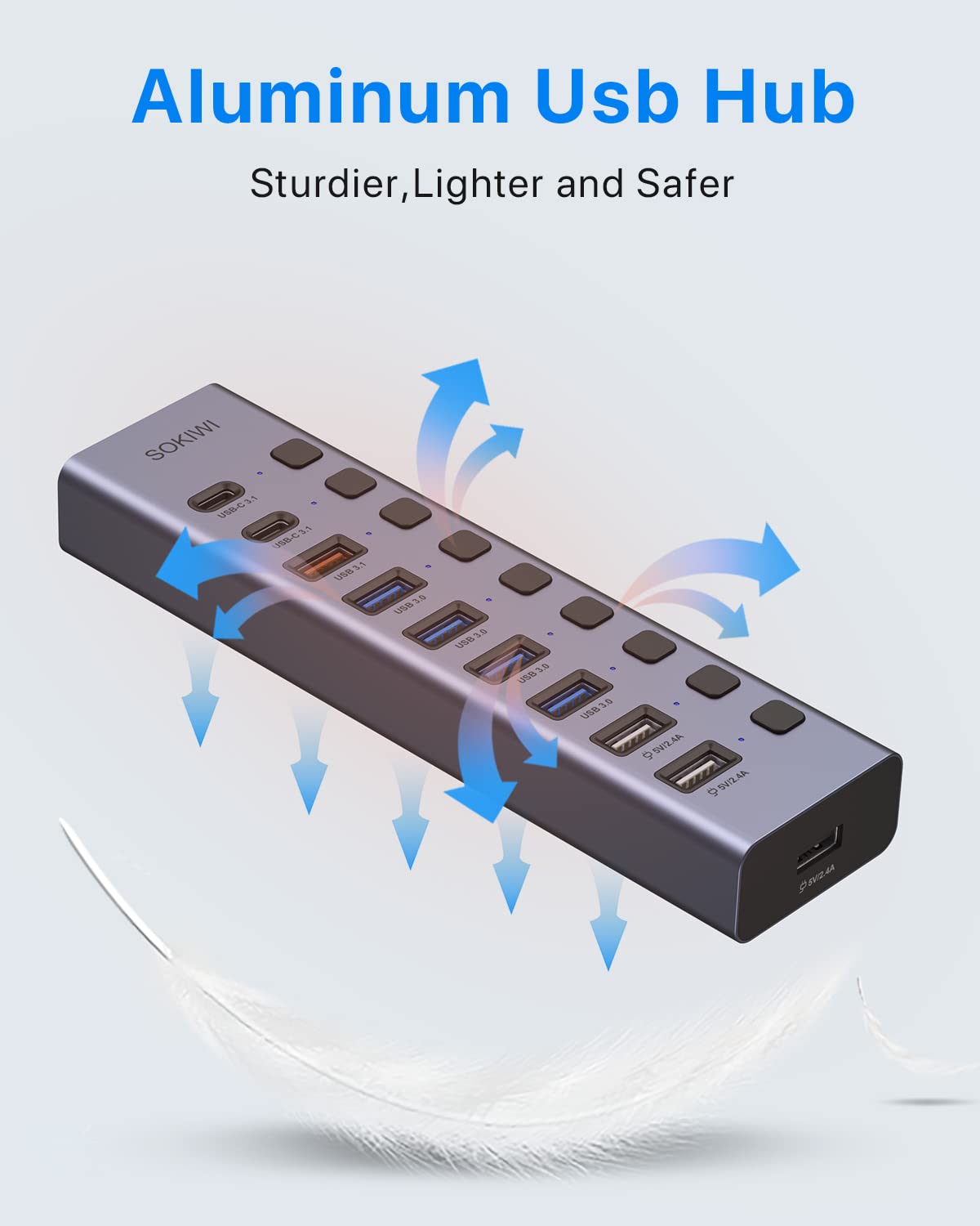Powered USB Hub 3.0/3.1- Sokiwi USB Hub- Aluminum USB Port Hub Expender- USB C Hub Splitter with Individual On/Off Switches for Laptop/PC