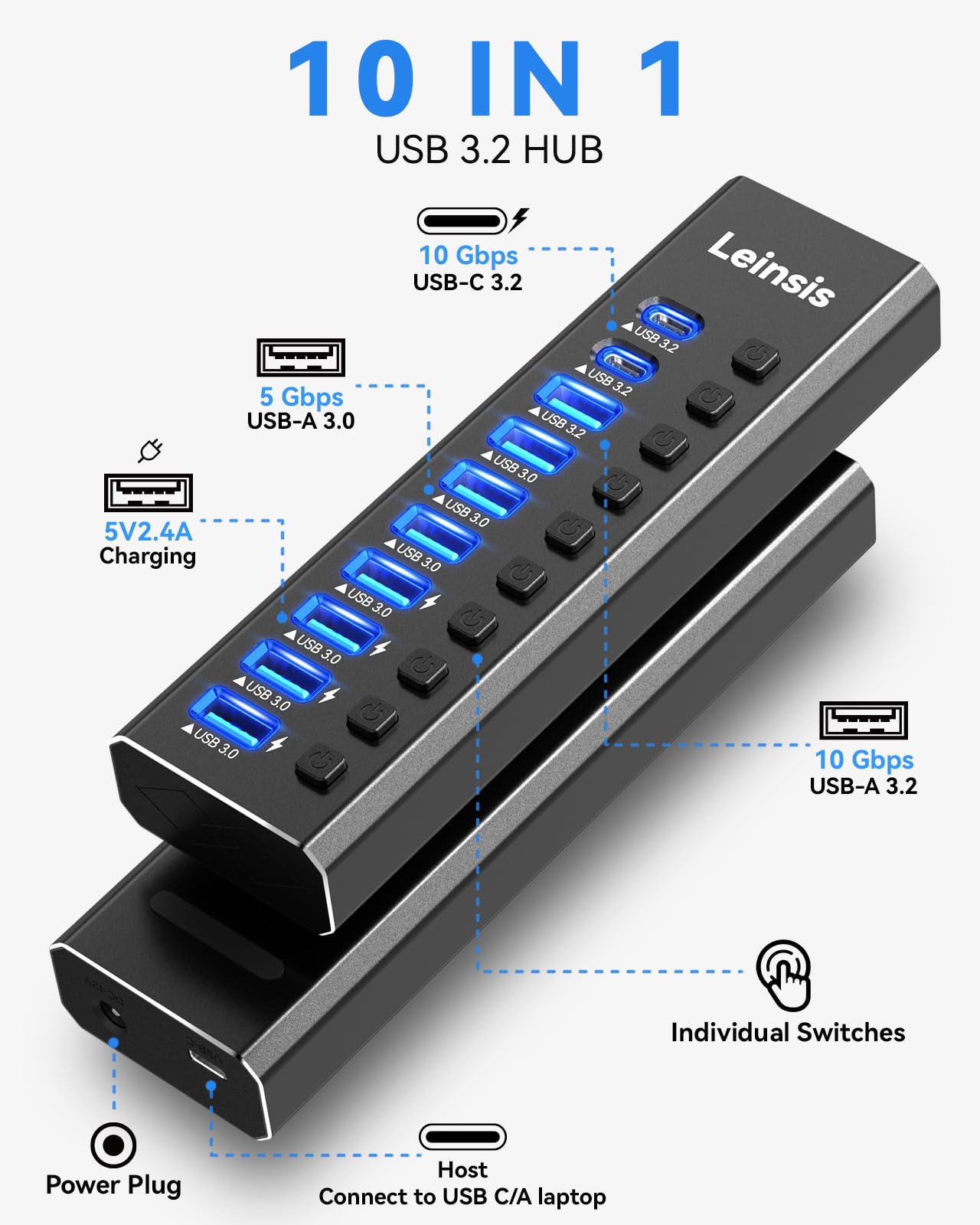 Powered USB Hub [Durable Aluminum] USB Hub 3.0 Powered, Individual Switch Buttons Smart Charging USB Port Expander Fit for External Hard Drive Electronics Gaming Laptop Desktop PC