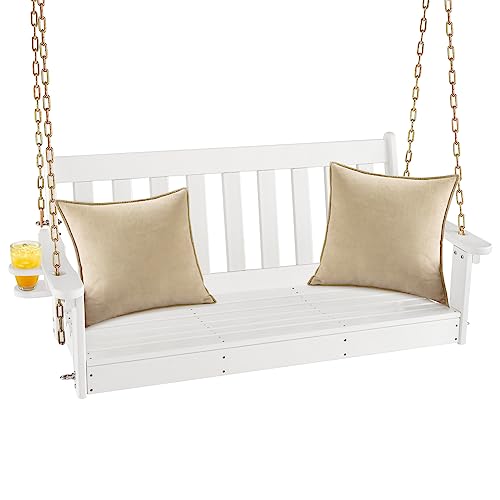 Tangkula 2 Person Hanging Porch Swing, Outdoor Bench Swing with Adjustable Chains, Hidden Cup Holders, HDPE Tree Swing Chair for Patio Backyard Deck Garden, 54 Inch (White)