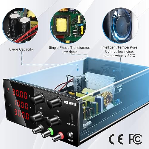 NICE-POWER DC Power Supply Variable: 30V 10A Adjustable Switching Regulated High Precision 4-Digits LED Display 5V/2A USB Port Output & Input Power Cord Bench Lab Power Supplies