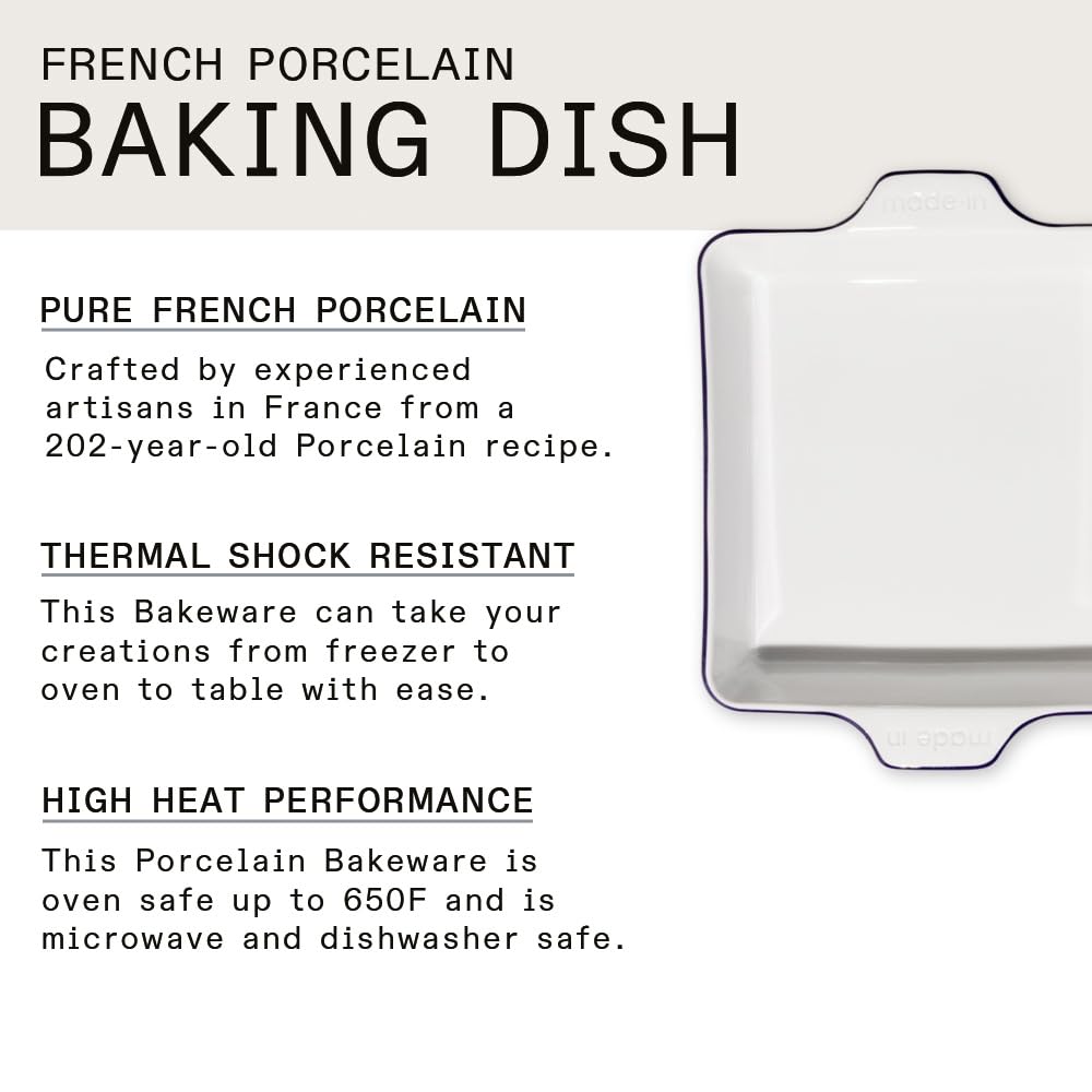 Made In Cookware - Square Baking Dish - Navy Rim - Hand Crafted Porcelain - Professional Bakeware - Made in France