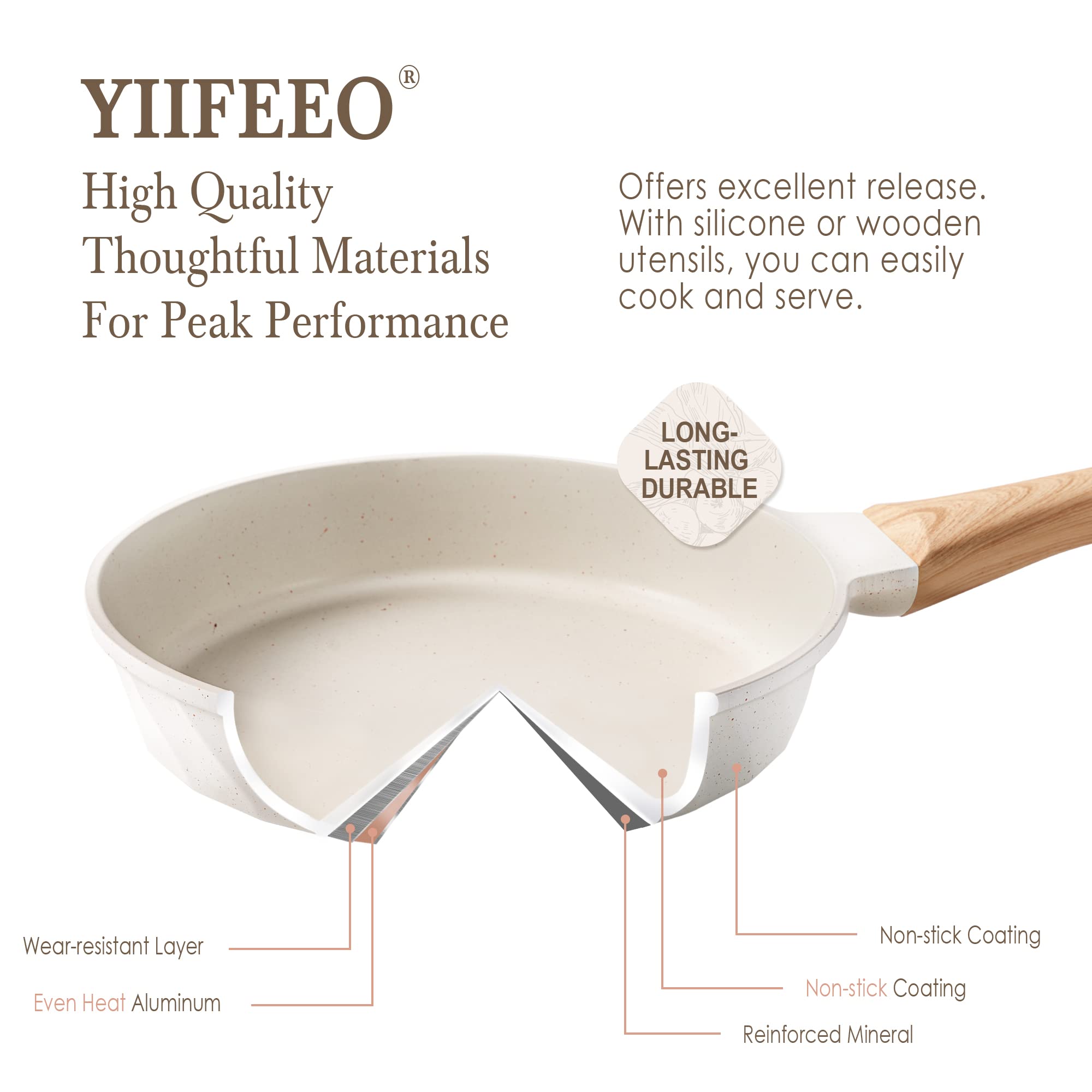 YIIFEEO Non-stick Frying Pans - Beige Nonstick Frying Pan Set Egg Omelette Pans for Cooking Set, Healthy Granite Skillet Set Kitchen Induction Cookware Chef's Pan Christmas Gift, 8", 9.5" &11"