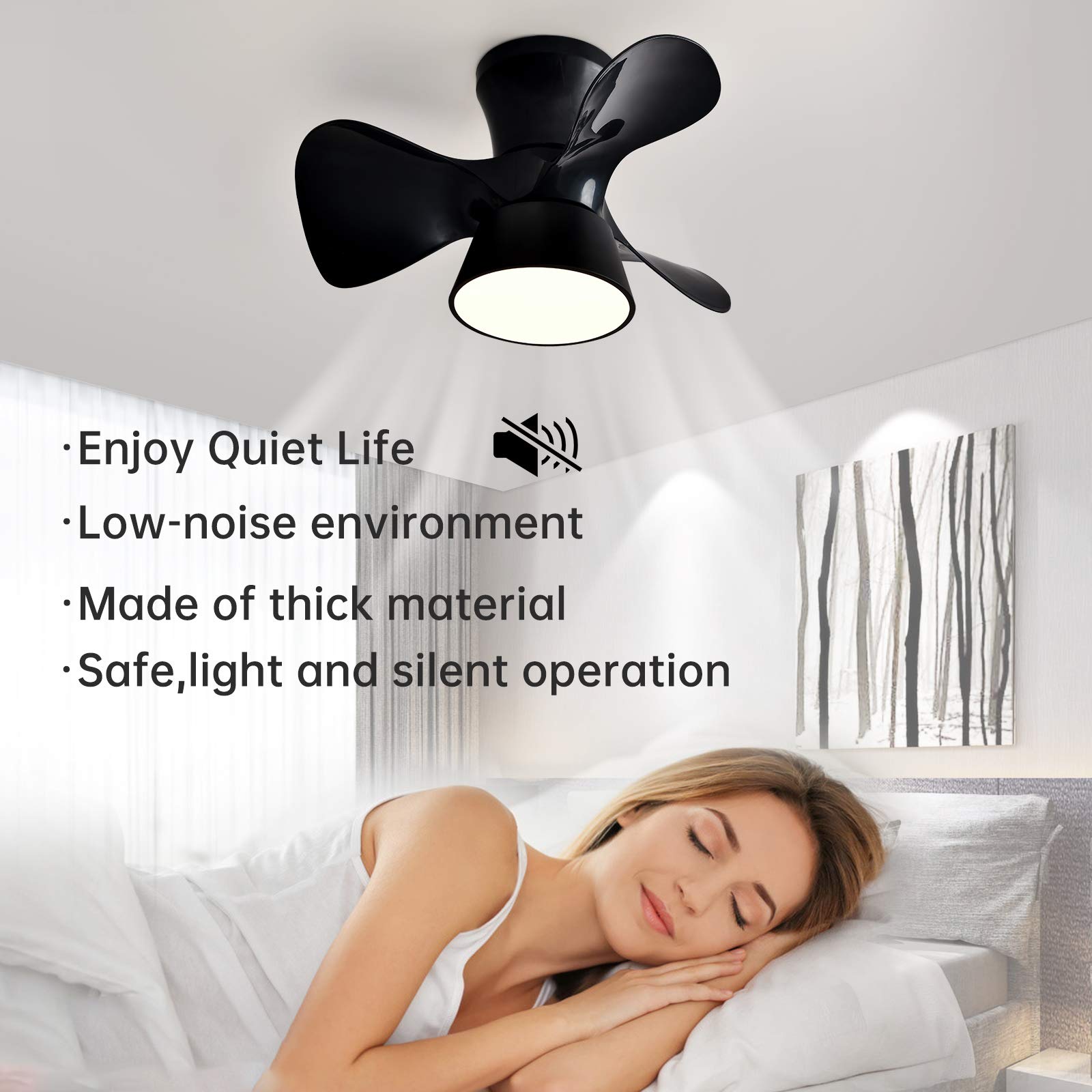 IYUNXI 36W Ceiling Fans with Lights Reversible Flush Mount Ceiling Fan Black Ceiling Fan with Lights Remote Control 3-Colors 6-Speeds Low Profile Smart Ceiling Fans For Bedroom Living Room