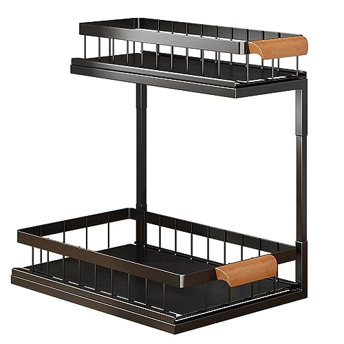 Tainrunse Sliding Cabinet Organizer Kitchen Shelf Maximize Storage with Durable 2-Tier Rust-Resistant Metal Construction for Easy Access Under Sink Narrow Black