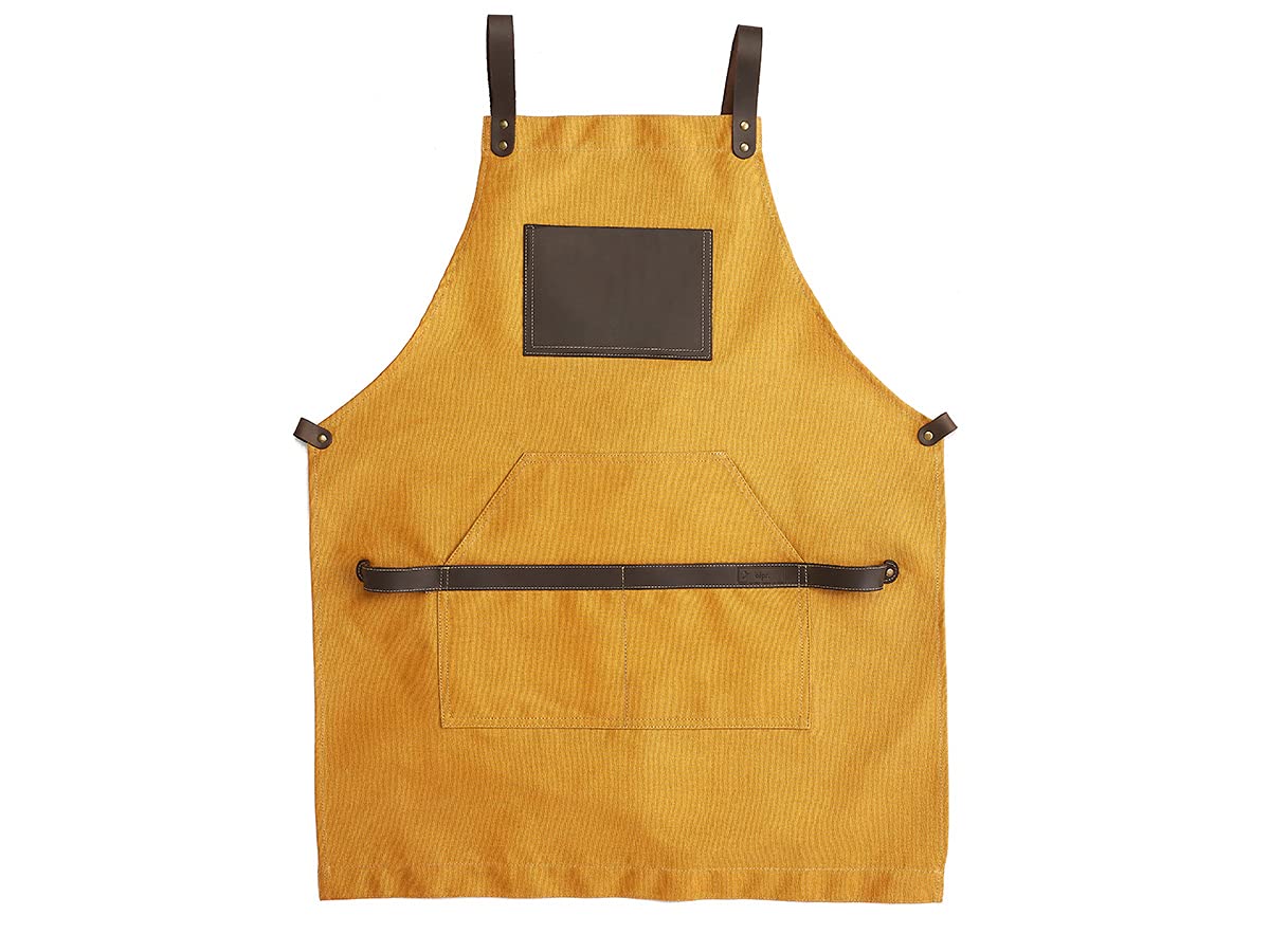 OleksynPrannyk Work Apron in Non-Waxed Canvas with Cross Straps Adjustable (Amber)