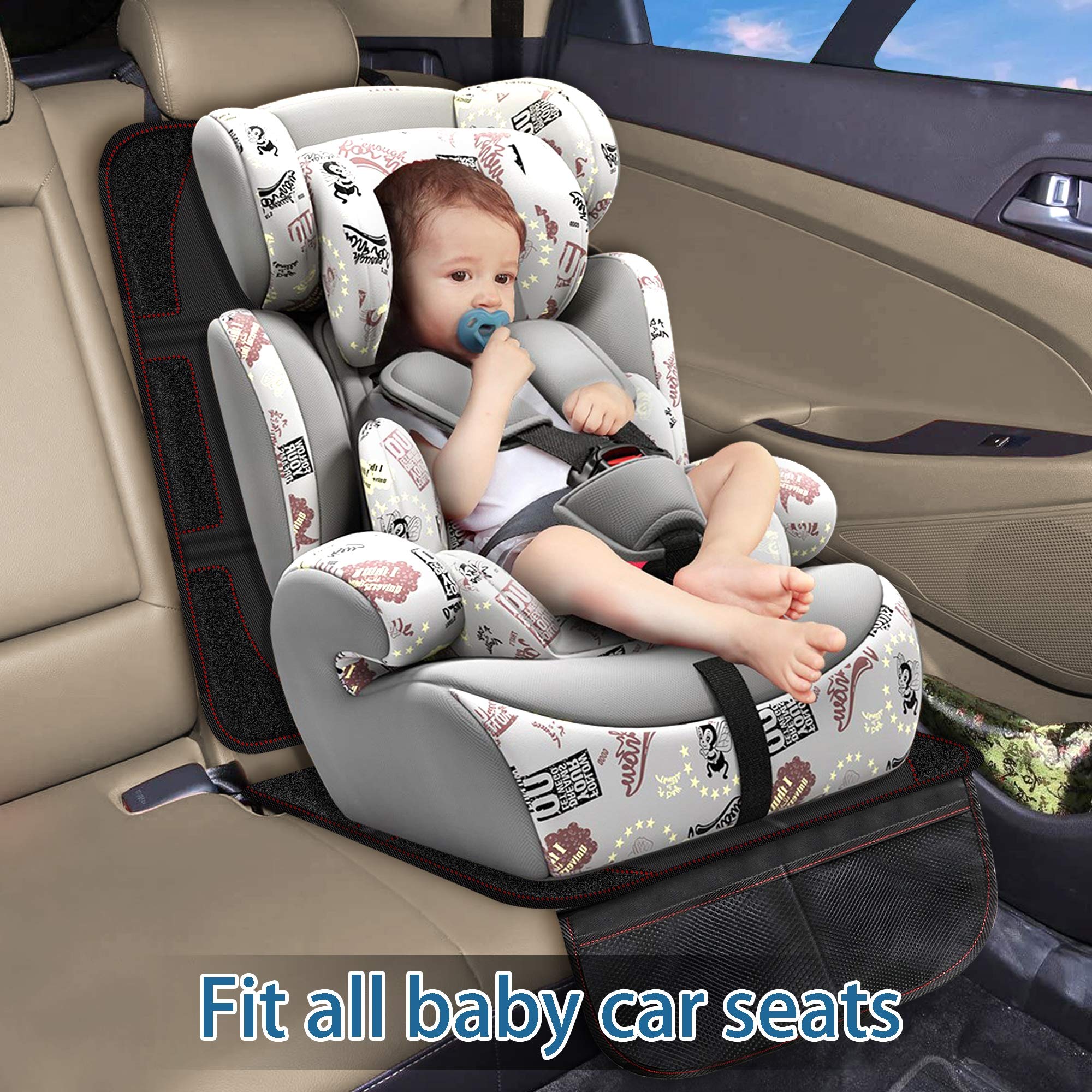 J&C Car Seat Protector for Child Carseat Waterproof Baby Car Seat Protector with Thickest Padding and Non Slip Backing 2 Pockets, fit for SUV Sedan Leather Seats
