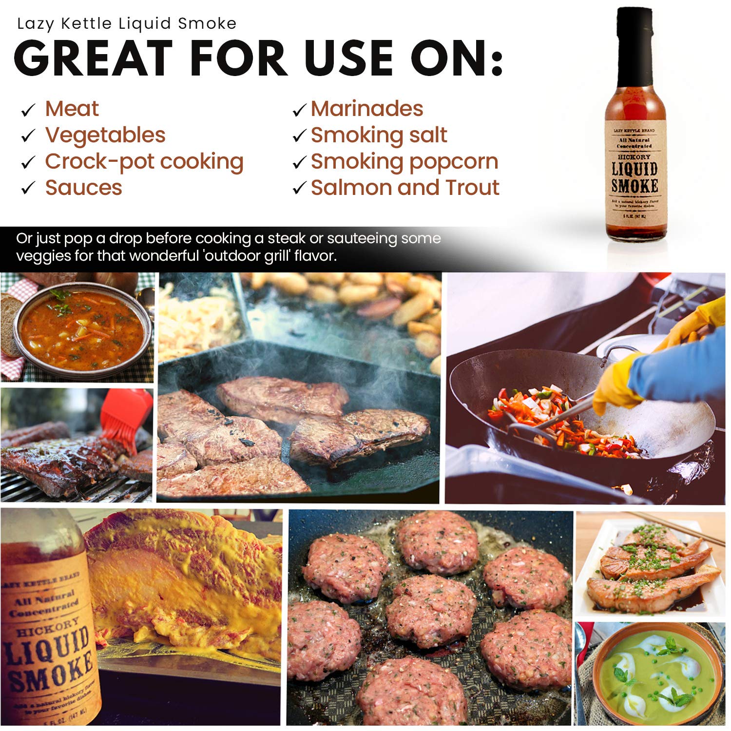 Lazy Kettle Brand All Natural Liquid Smoke | Perfect for Flavoring Meat | Hickory | Used to Flavor Beef Jerky, Steak, Fish, Cheese, Sauces and More | 5 Oz Each