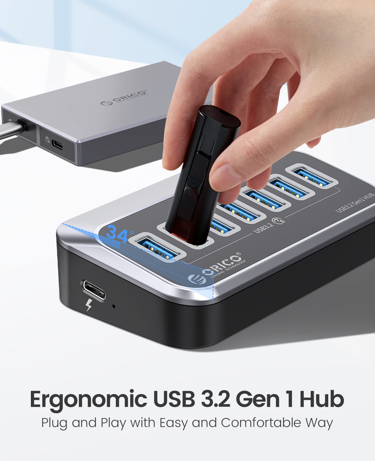 ORICO USB Hub 10Gbps with 4 USB A Ports, USB 3.2 Gen 2 Hub with 1.64Ft USB-C Cable and USB-A Adapter USB Splitter for iMac, All MacBooks, Mac Mini-Plastic Version