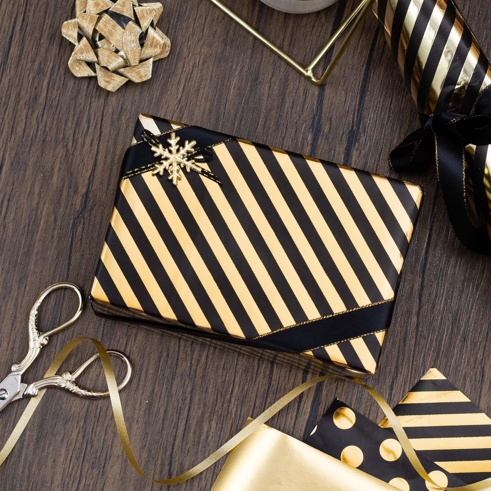 Retrify Wrapping Paper Roll - 3 Mini Rolls Black Gold Foil Polka Dots Stripes Gift Wrap Paper for Birthday, Christmas, Father's Day, All Occasions - 17 Inch x 120 Inch Per Roll