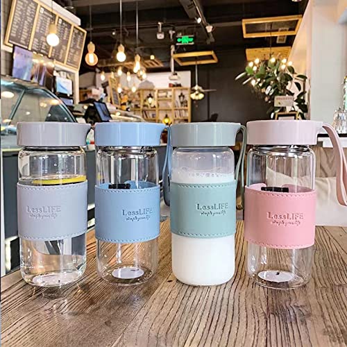 Snminetal Borosilicate Glass Water bottle,Bubble flower tea bottle,With sealing cap and Holsters,Portable Glass Bottle 16oz,Suitable for office, Car, home,as a gift, etc(Pink)