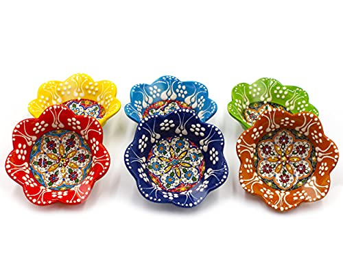 Silver Craft 6 Pcs Daisy Shaped Hand Painted Decorative Serving Turkish Tiny Bowls - Handmade Ceramic Bowl - Set of 6 (3.7 inc/9.5cm) 2.5 Oz Pinch Multicolor Small Serving Bowls - Best Gift Set