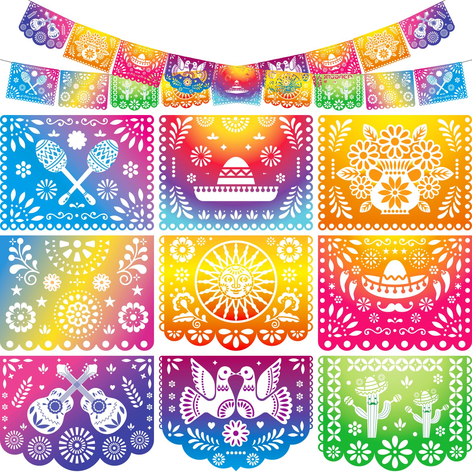 JOHOUSE 2 Pack Mexican Party Banners, Iridescent Fiesta Banner 18 Feet Papel Picado Mexican Fiesta Garland for Cinco De Mayo Fiesta Party Dia De Los Muertos Day of the Dead