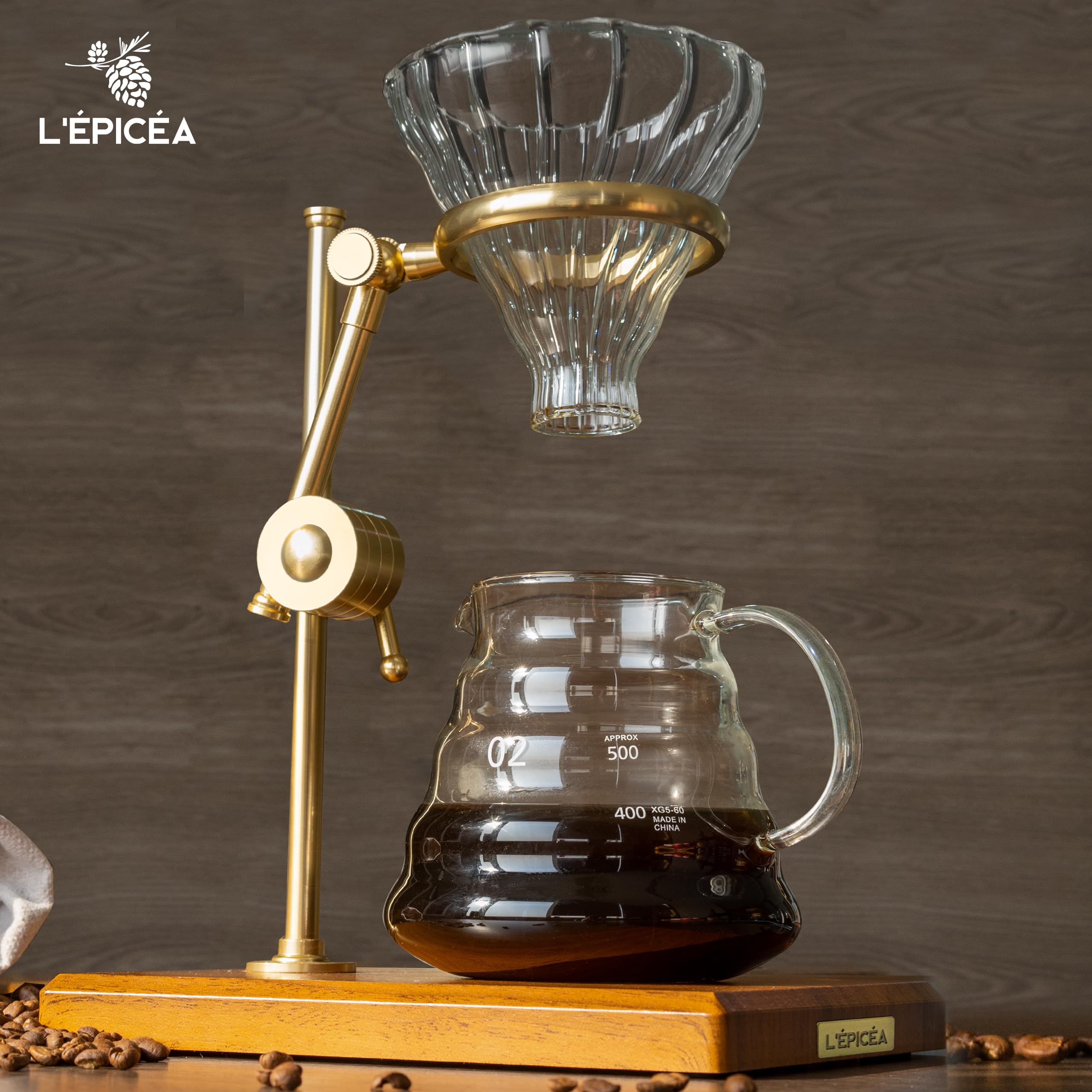 L'ÉPICÉA Pour Over Coffee Maker Set, Pour Over Coffee Maker with Stand, Adjustable Stainless Steel Stand, Wooden Base, Paper Filters, Cone Glass Coffee Carafe, Pour Over Coffee Dripper