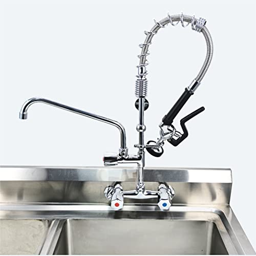 MS 4-8 Inch Adjustable Center Wall Mount 25'' Height Commercial Kitchen Sink Faucet Brass Mini Pre Rinse Unit with Spray Valve and 12 inch Add on Spout (6814P)