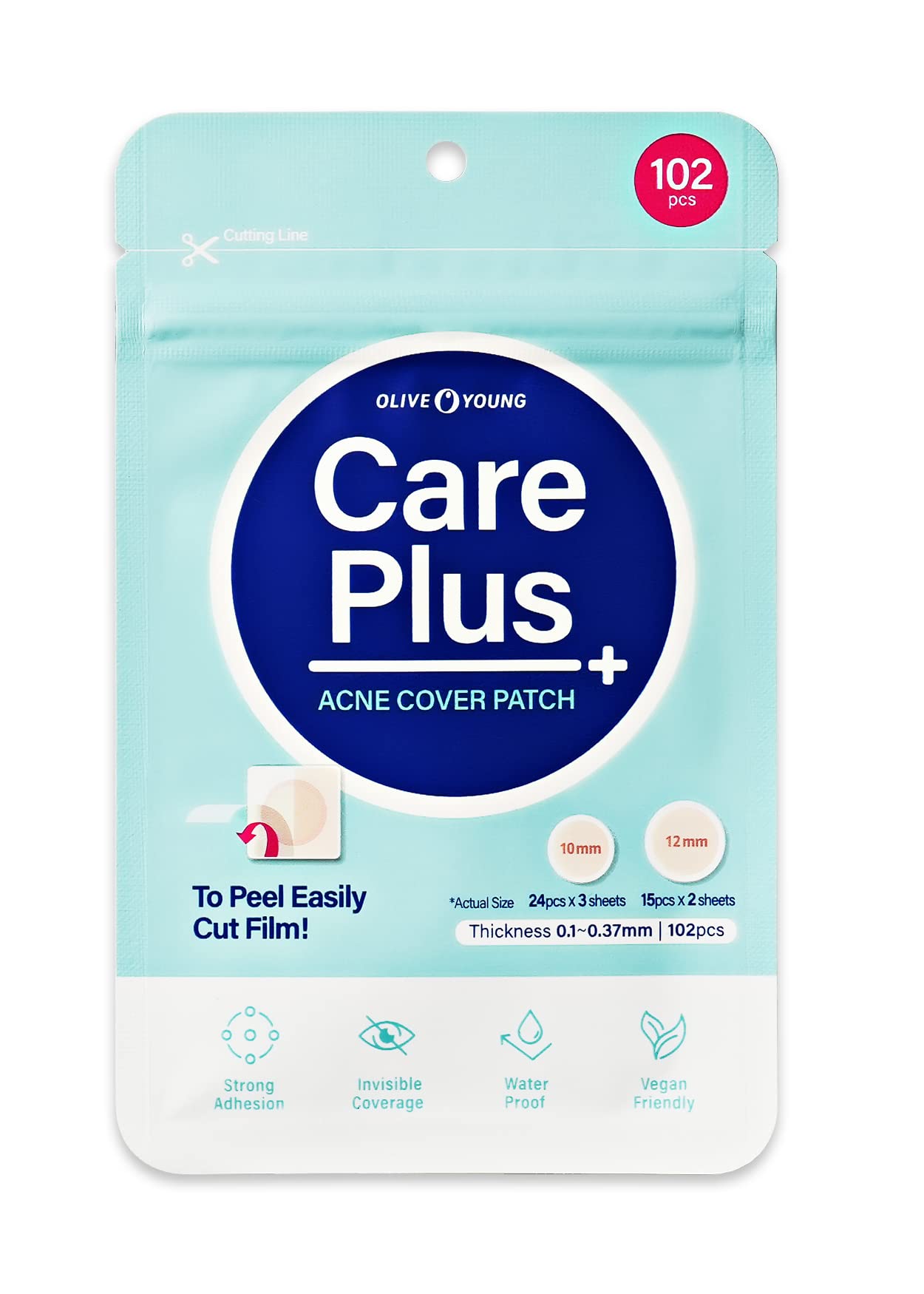 OLIVE YOUNG Care Plus Spot Patch 1 Pack | Hydrocolloid Acne Korean Spot Patch to Cover Zits, Pimples and Blemishes, for Troubled Skin and Face (102 Count - 10mm*72ea + 12mm*30ea)