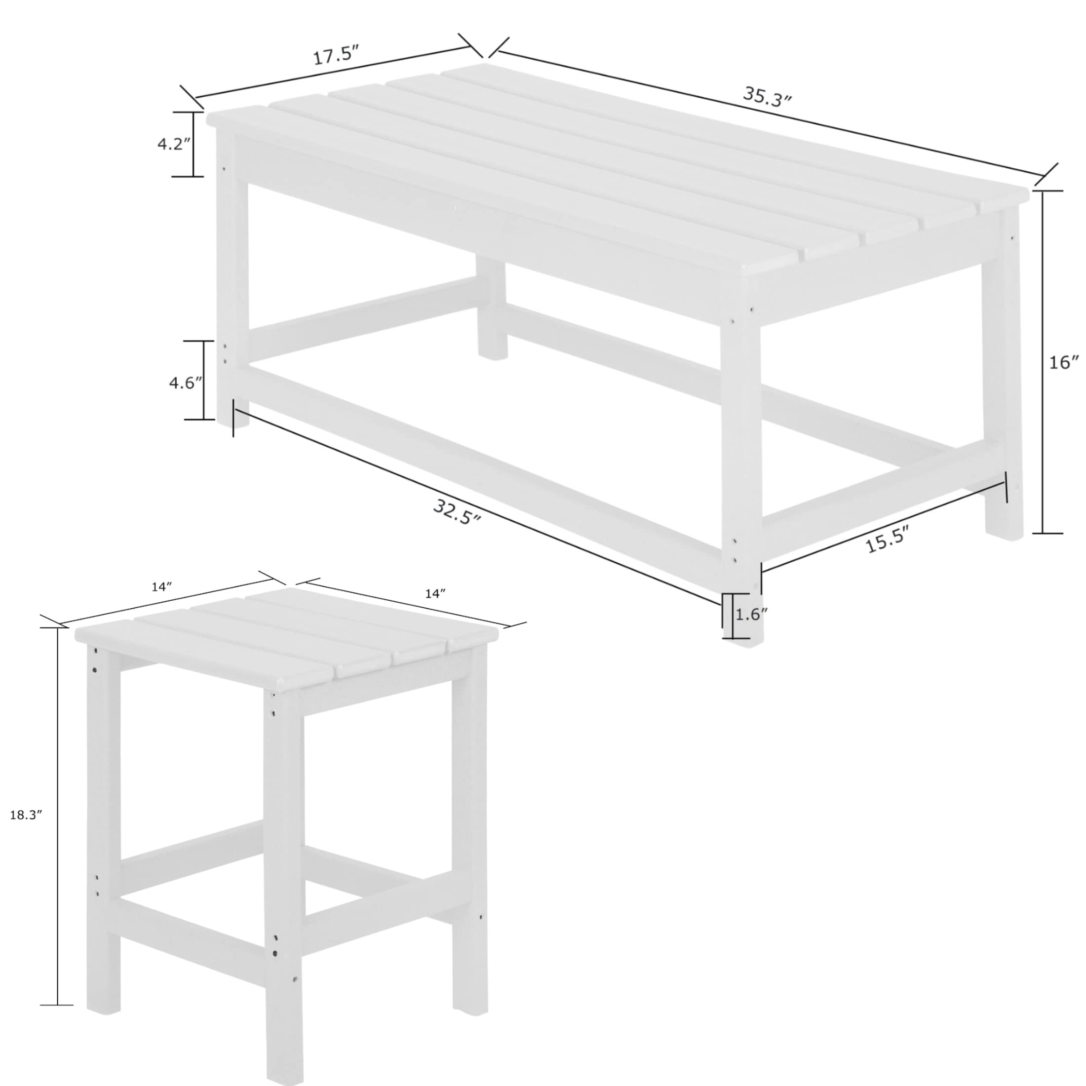 WestinTrends Malibu 3-Pieces Outdoor Table Set, Includes 1 Coffee Table and 2 Side Table, All Weather Poly Lumber Adirondack Patio Furniture Set, White