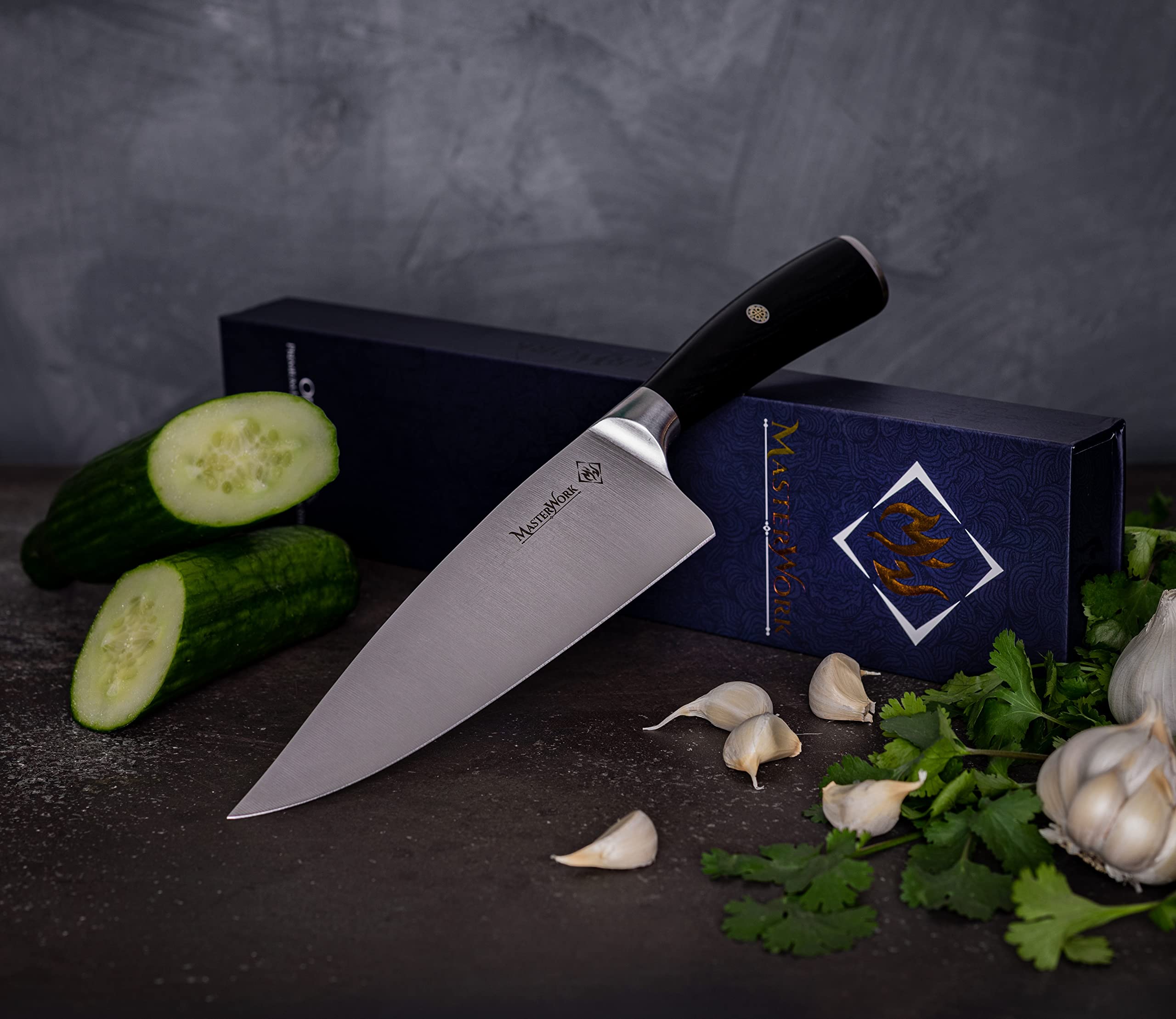 MasterWork Origin Series Chef Knife - 8 Inch Full Tang Blade - Forged High Carbon German Stainless Steel - Professional Ultra Sharp Kitchen Knife