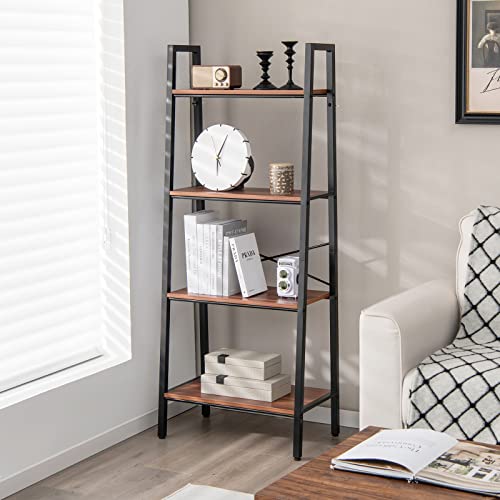Tangkula 4-Tier Ladder Bookshelf, Freestanding Open Bookcase with Metal Frame & Anti-toppling Device, Industrial Wooden Storage Display Shelf Plant Stand for Living Room Study Balcony (2, 4-Tier)