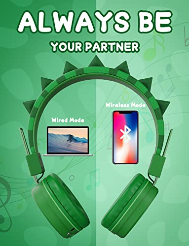 SIMJAR Kids Bluetooth Headphones with Microphone for School, Dinosaur Over-Ear Kids Wireless Headphones with Volume Limiter 94dB, Foldable Adjustable Headband for iPad/Airplane/Travel/Tablet (Green)