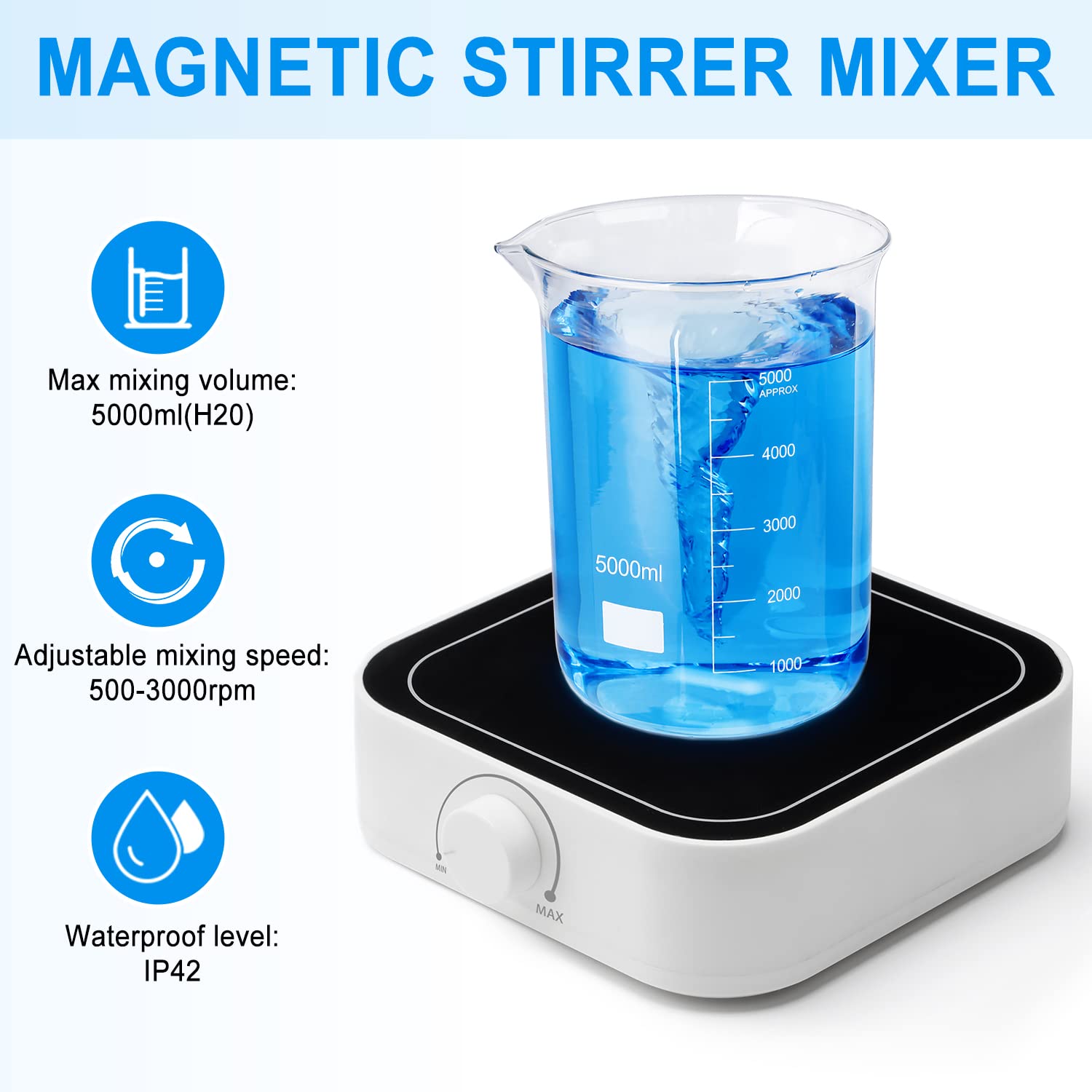 PRECIPETTE Magnetic Stirrer - Max Stirring Capacity 5000ml, 3000RPM, Magnetic Mixer(No Heating)