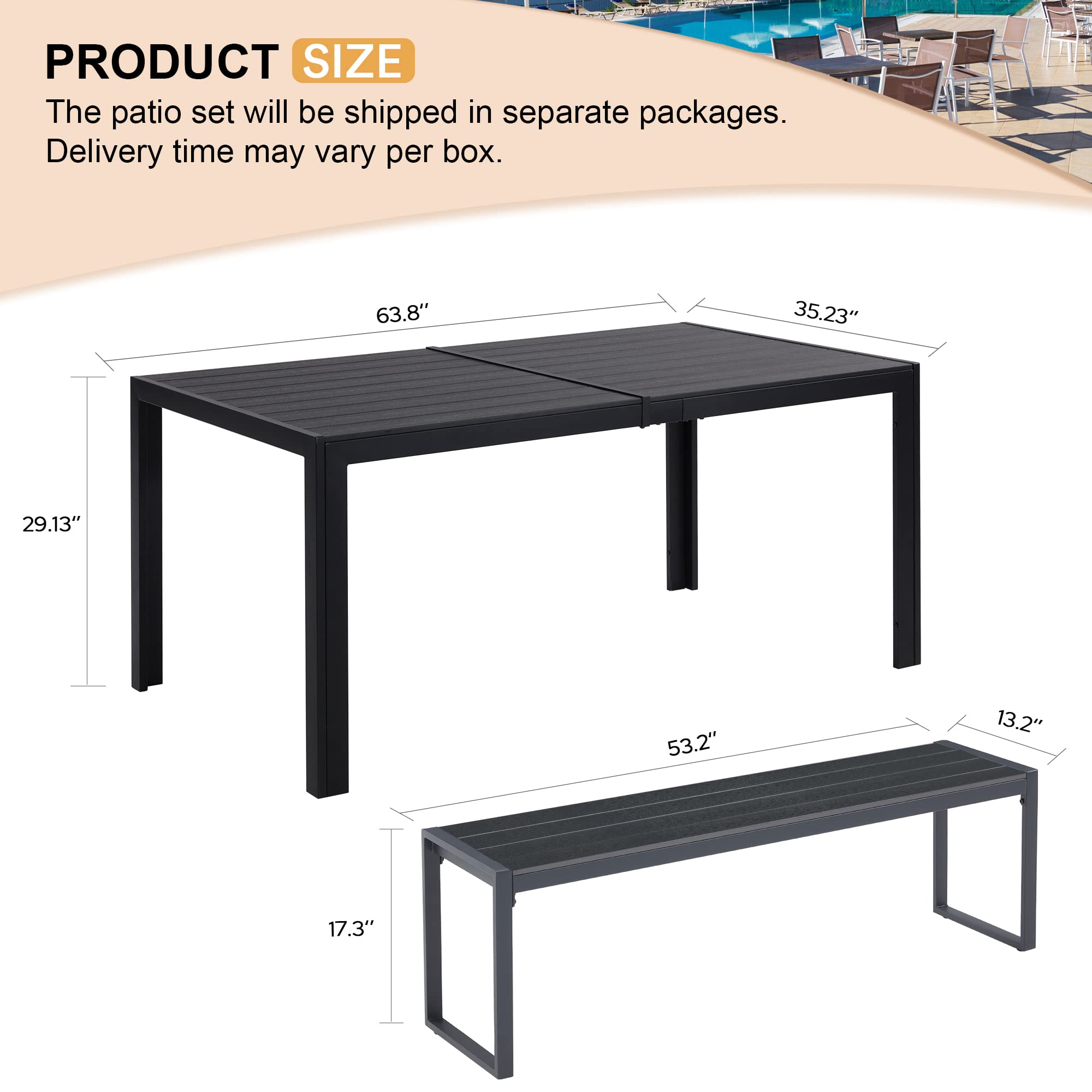 VICLLAX Outdoor Dining Set All Weather Patio Furniture with Slatted Patio Dining Table and 2 Outdoor Benches for Backyard Garden Poolside Deck, 3 Pieces Black