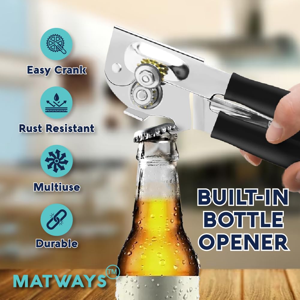 Matways Heavy Duty Commercial Hand Can Opener, Easy Crank Can Opener with Extra Long ergonomic Handle, Stainless Steel Sharp Blade, Large Size Manual Can Opener with Black Comfortable Handle Grip