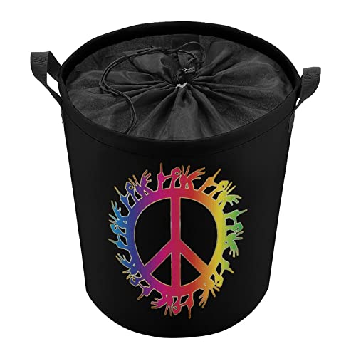 Peace Sign Laundry Basket Round Collapsible Storage Bin with Drawstring and Handle for Bedroom Bathroom Toys Room 17.3" X 13.8"