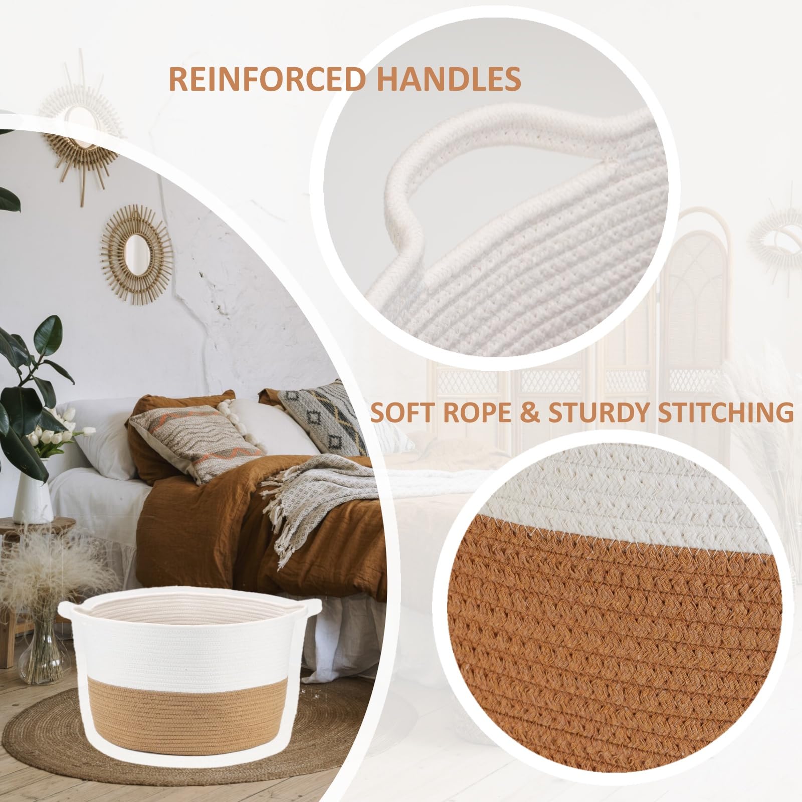 Jolma's Large Cotton Rope Storage Basket, 18'' x 11'' Round Laundry Nursery Woven Bin for Storing Blankets Clothes and Toys in Room, White & Brown