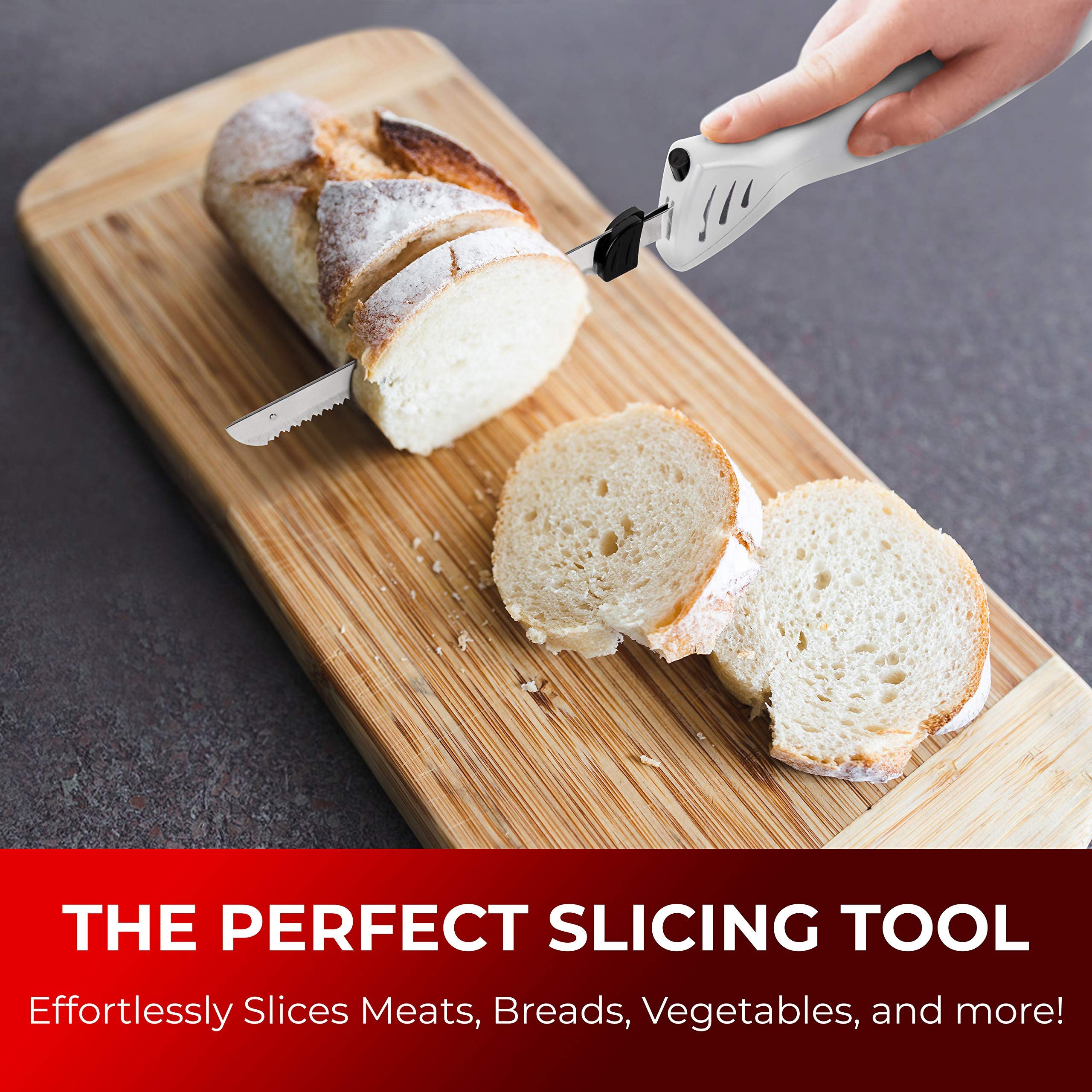 Mueller Ultra-Carver Electric Knife for Carving Meats, Poultry, Bread, Crafting Foam. Stainless Steel Blades, Powerful Motor, Ergonomic Handle, One-Touch On/Off Button, Serving Fork Included, White