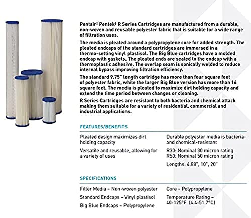 Pentair Pentek R30-20BB Big Blue Sediment Water Filter, Whole House Pleated Polyester Filter Cartridge, 20" x 4.5", 30 Micron, White