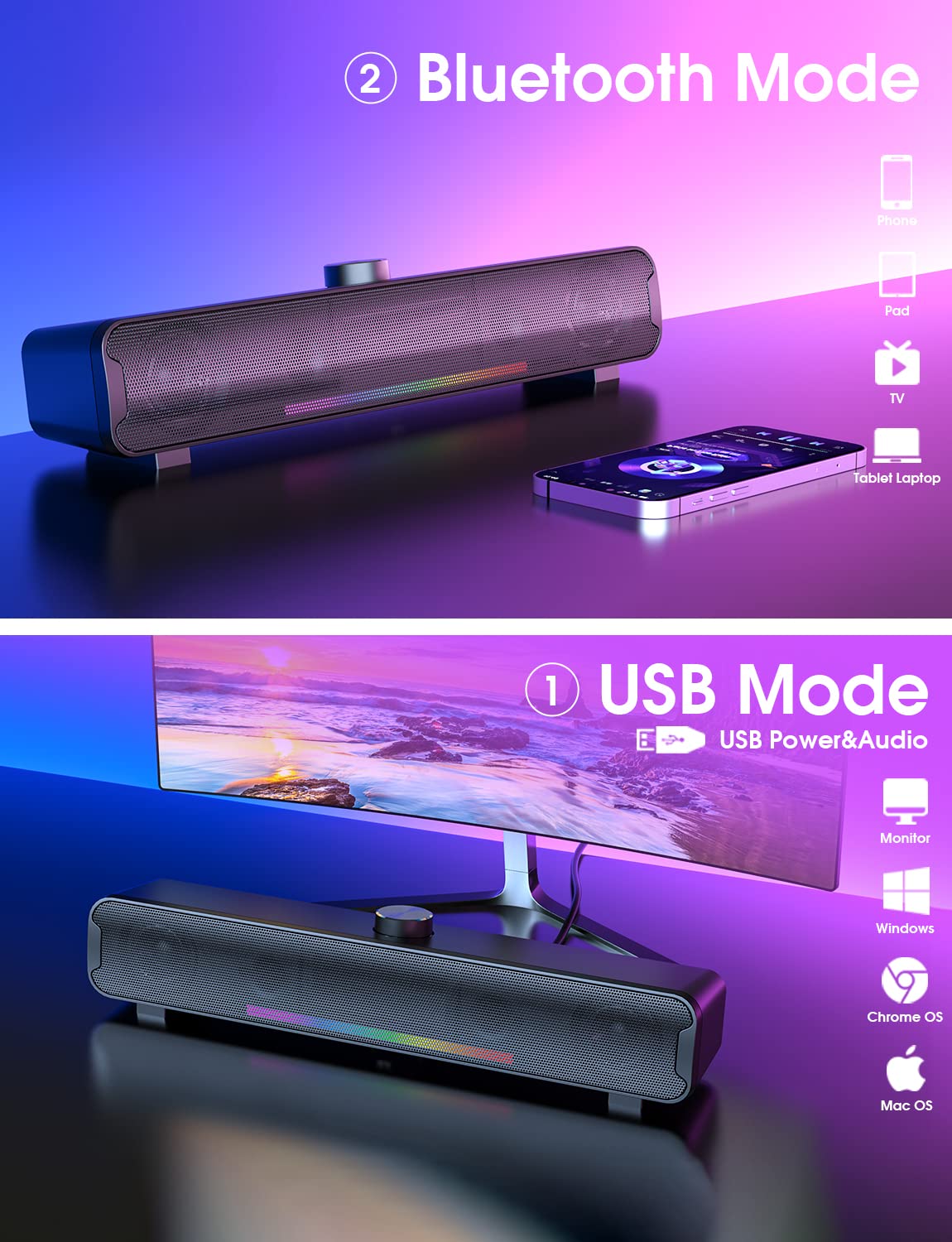 NOOTRY Computer Speakers, Bluetooth RGB Laptop SoundBar, 16W Dual HiFi Stereo with 6 LED Color Mode Soundbar, USB Powered Computer Speakers for Monitor, Phone, PC, Laptop