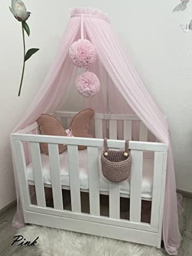 Soft canopy for nursery with holder and pompoms, Kids hanging tent for bedroom, Bed canopy, crib canopy, baby room decor, Nook baldachin (Dusty Pink)