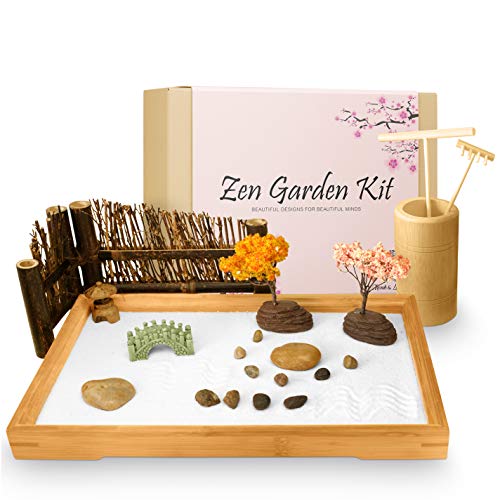 Japanese Zen Garden Kit for Desk - Sand Garden Tools Accessories Box Set for Office Desktop - 12x7.5" Large Bamboo Tray, White Sand, Pebbles, Rake Tools - Mini Table Zen Garden Kit - Meditation Gifts