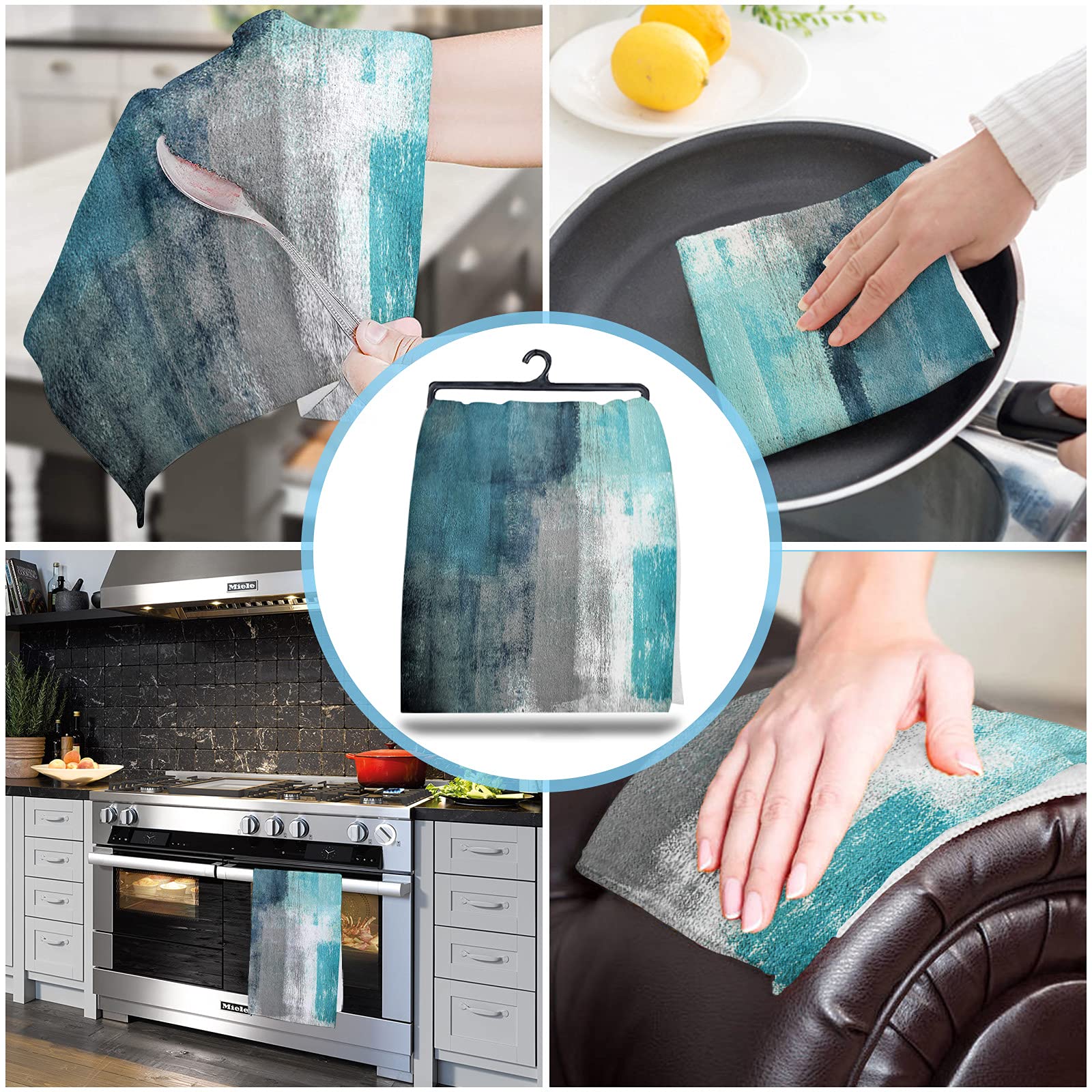 Kitchen Towels Abstract Paint Art Graffiti Lattice Tea Towel Microfiber Absorbent Washable Cyan Teal Turquoise Gray Soft Hand Dish Towel Cleaning Cloth for Kitchen Bathroom,18 x 28 Inch