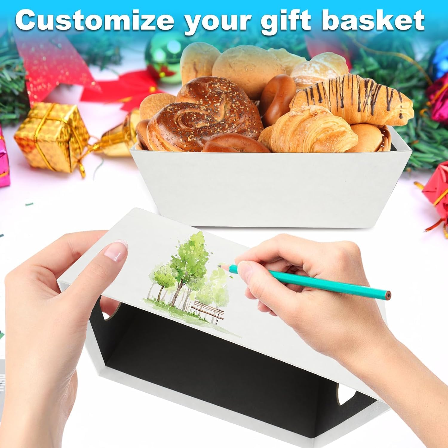 SHUESS 6 Pk 8.6 x 10 inch White Basket for Gifts Empty Large Gift Basket Empty to Fill Rectangular Cardboard Tray with Handles for Christmas Wedding Holiday | Gift to Impress