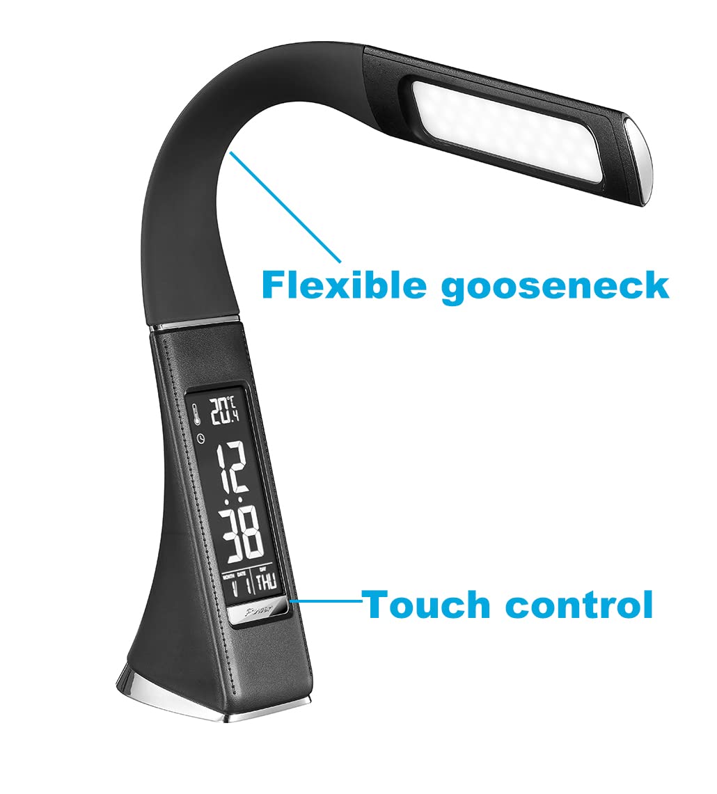 LED Desk Lamp Flexible Gooseneck with Clock Calendar and Temperature,Office Gift Ideas,Touch Dimmable Table Lamp with 3 Levels Brightness,Modern Light for Home Office and Dorm-Black (YF-U2)