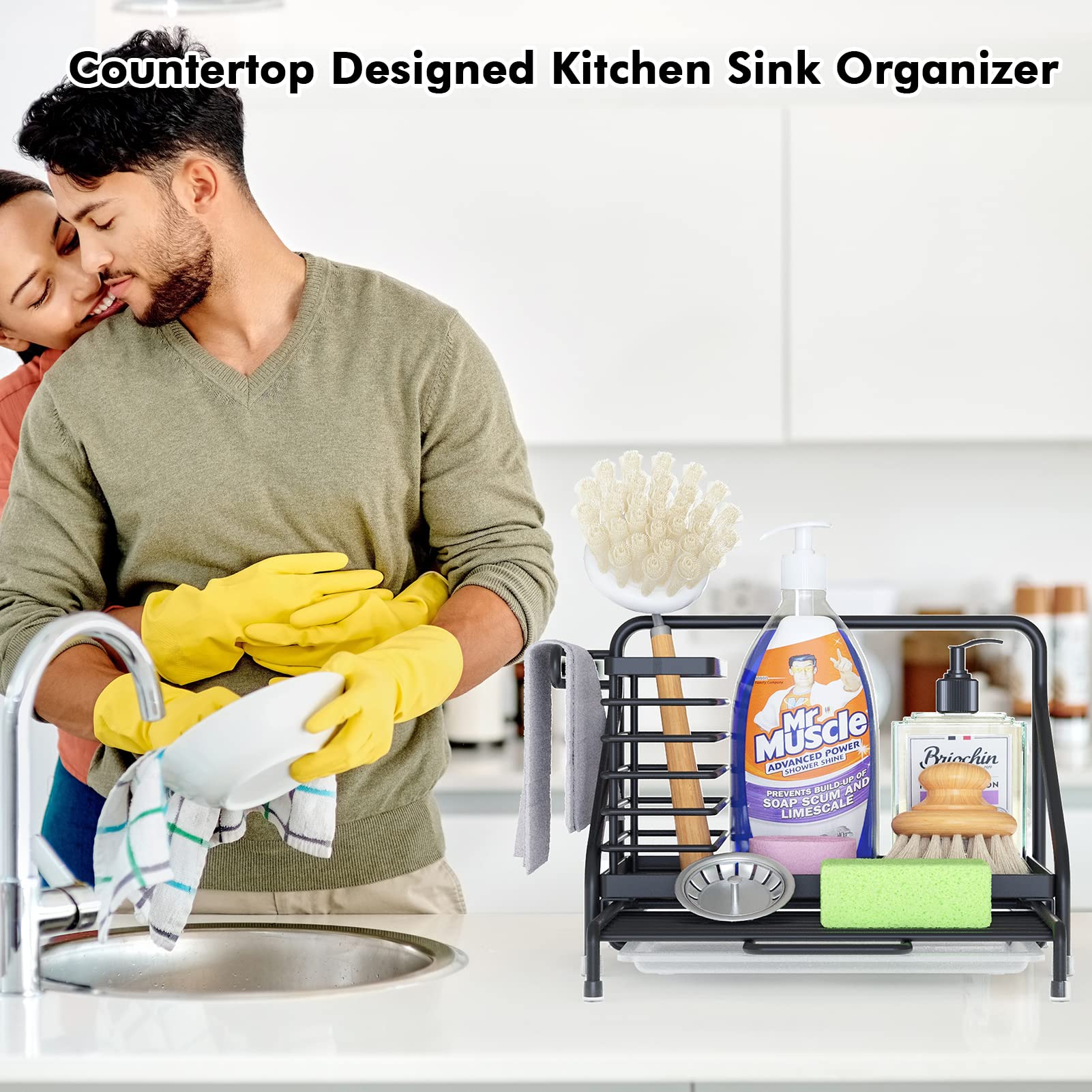 Livod Sink Caddy,Kitchen Sink Caddy Sponge Holder with Drain Tray, Stainless Steel Rustproof Dish Brush Caddy Kitchen Sink Organizer for Countertop,(Black)