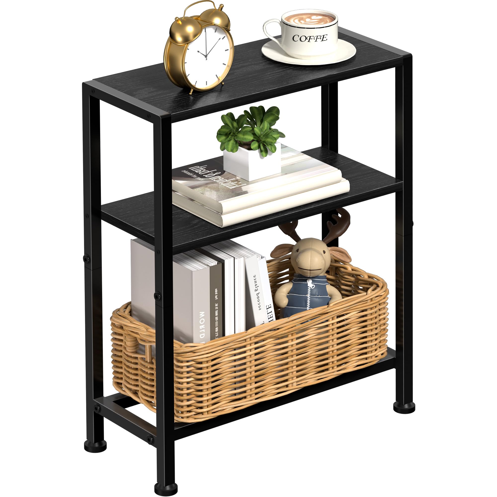 Narrow Side Table with Storage Shelf, 3-Tier Slim End Table for Small Space, Small Bedside Table, Skinny Nightstand with Magazine Rack in Living Room, Bedroom, Study, Kitchen, Balcony (Black)